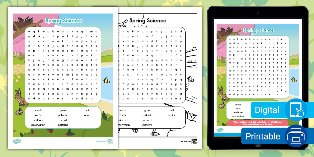 Spring Science Word Search for K-2nd Grade - Twinkl