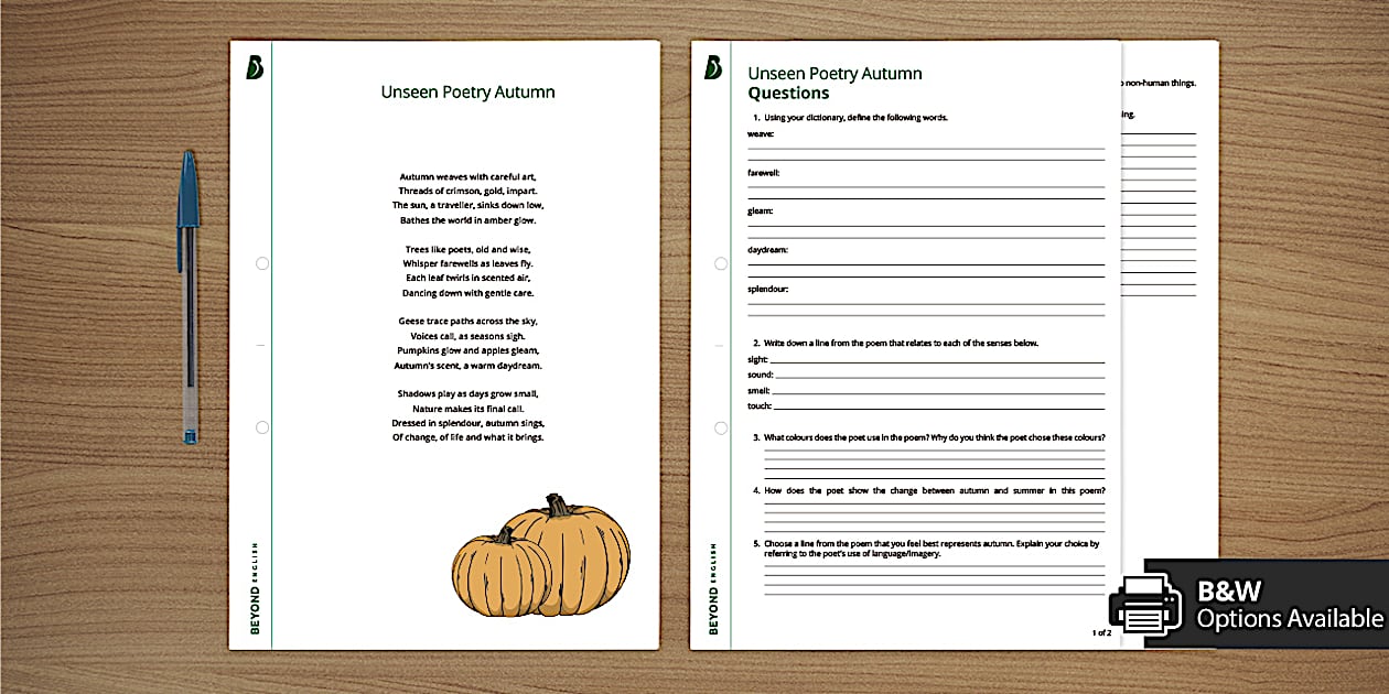 Unseen Poetry Autumn Activity Sheet (teacher made) - Twinkl