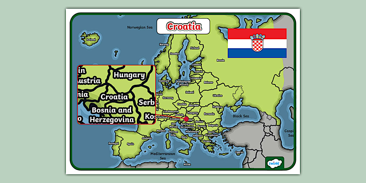 Croatia on Europe Map Display Poster (Teacher-Made) - Twinkl