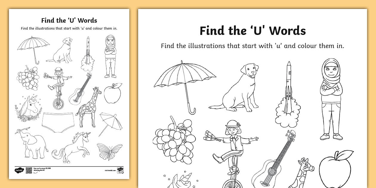 Find the 'U' Words Colouring Sheet (l'enseignant a fait)