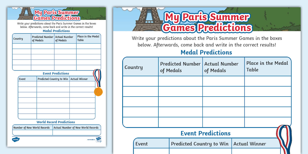 Paris Summer Games Medals Prediction Worksheet - Twinkl