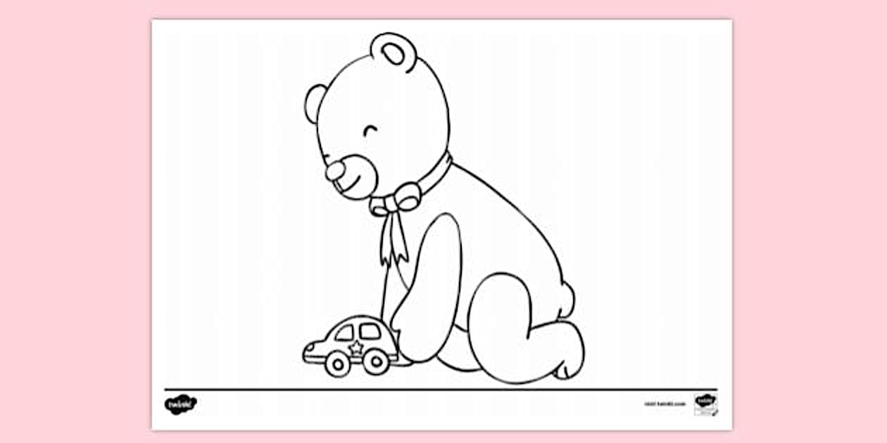 Teddy Bear Playing With Toy Car Colouring | Colouring Sheets