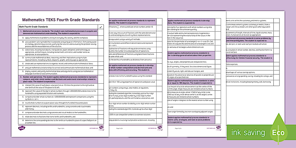 TEKS Fourth Grade Math Standards Checklist | Mathematics