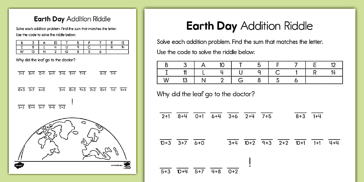 Earth Day Addition Riddle Worksheet | Earth Day | Twinkl USA