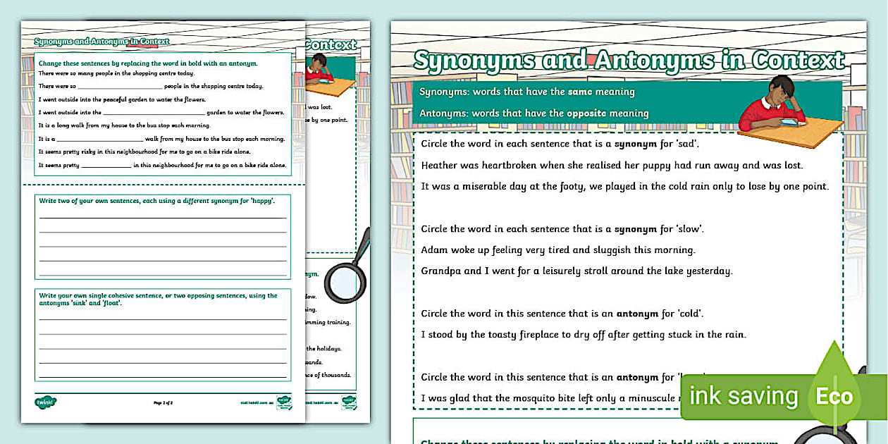 Synonyms and Antonyms in Context Activity Sheet | Twinkl
