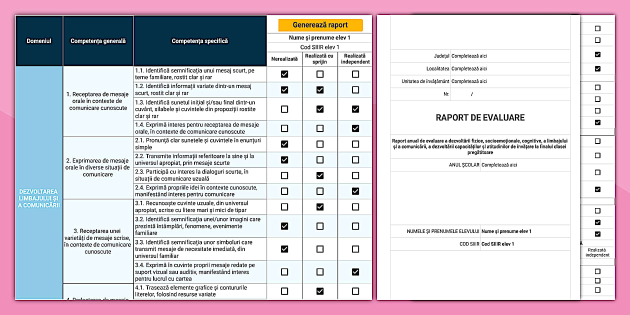 Model raport de evaluare clasa pregătitoare – completat