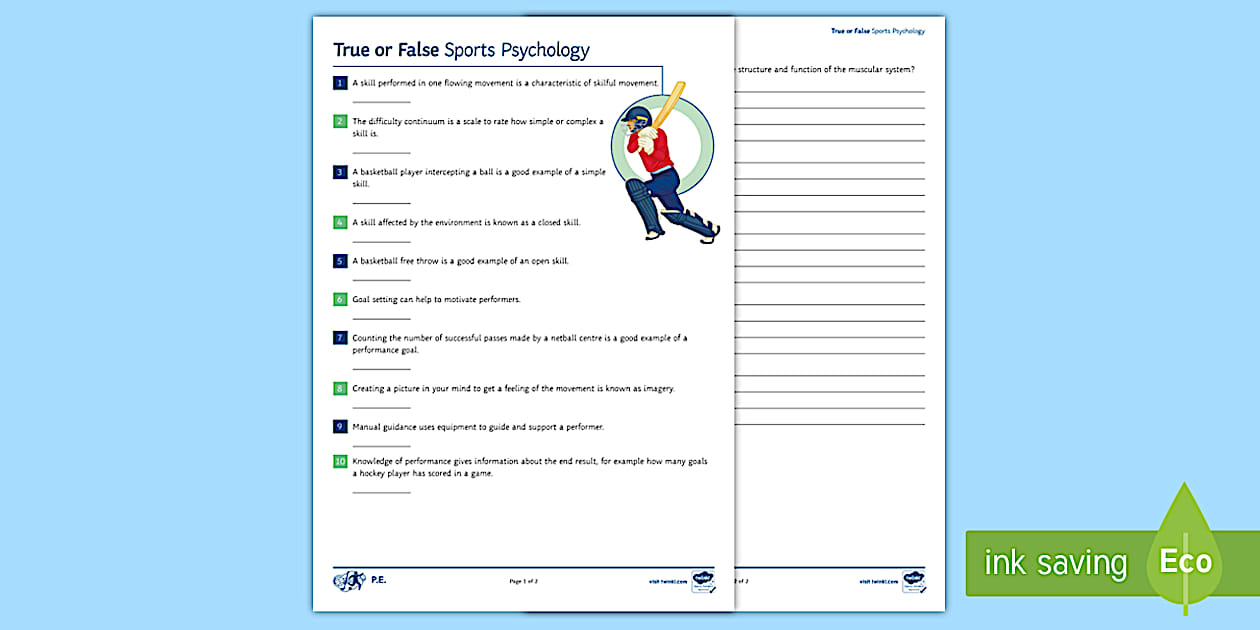 GCSE PE: Sports Psychology True or False Worksheet - Twinkl
