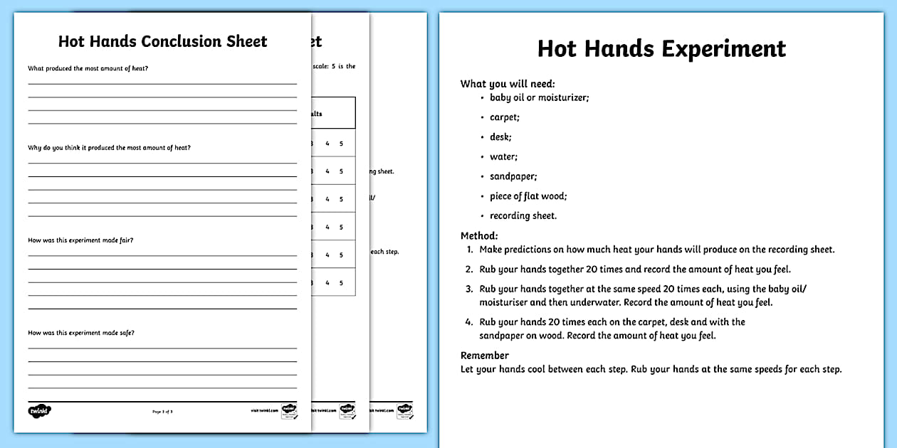 Hot Hands Science Experiment and Recording Sheet - Twinkl