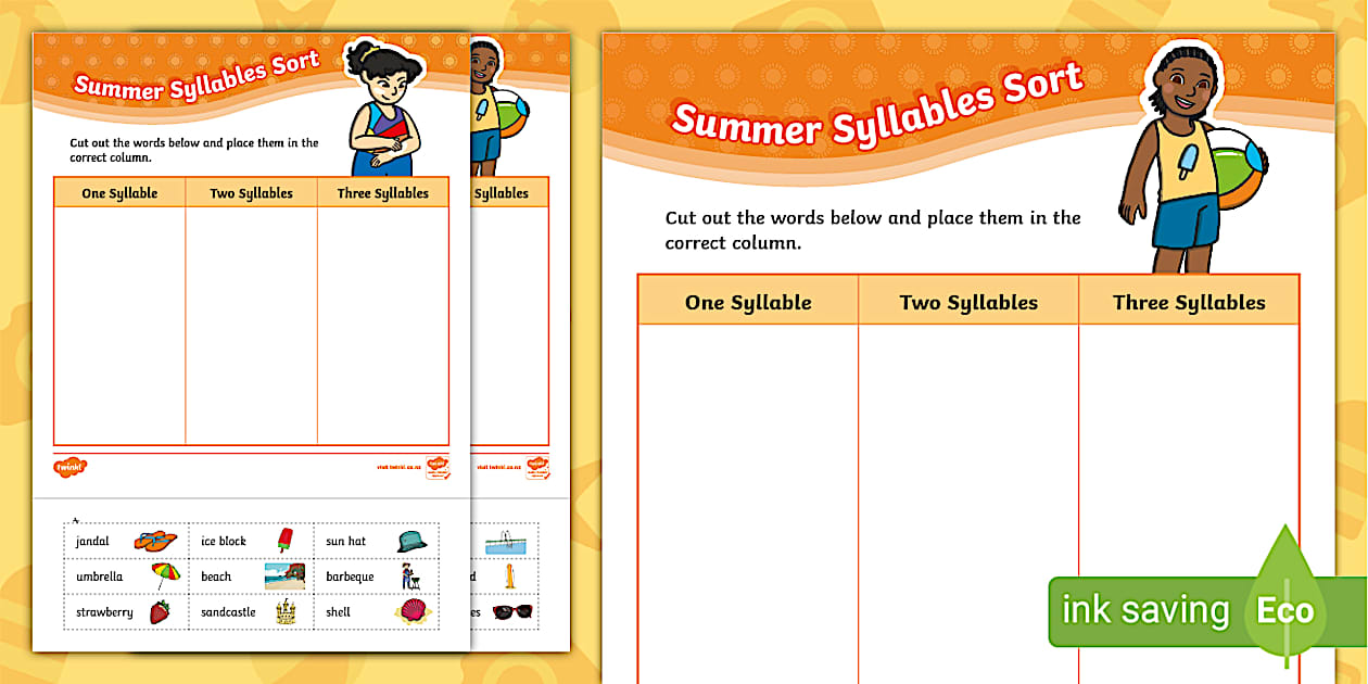 Summer-Themed Syllables Sorting Cut and Paste Activity