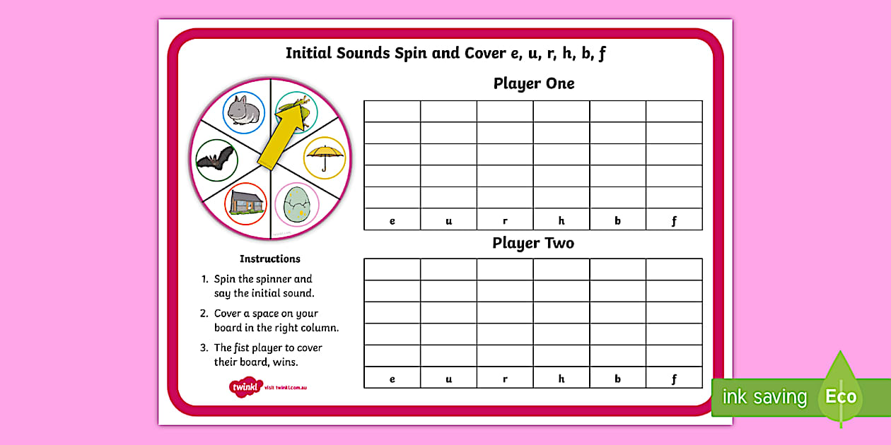 SA Initial Sounds Spin and Cover 'e, u, r, h, b, f' Board Game