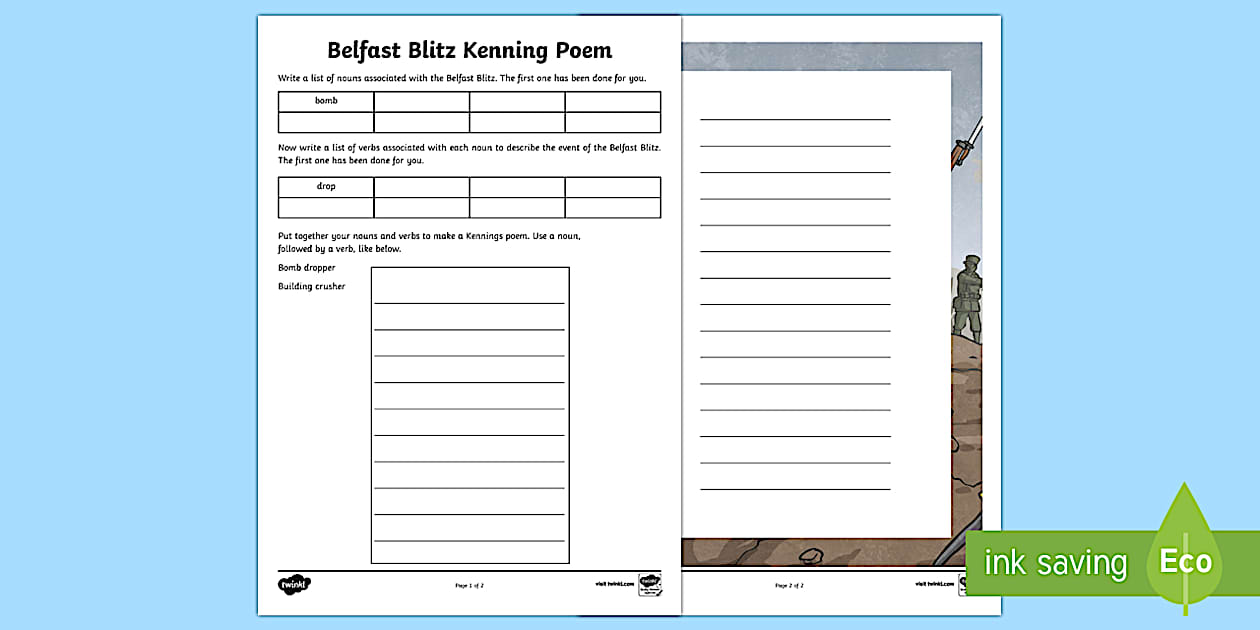 Belfast Blitz Kenning Poem Writing Worksheet / Worksheet - World Around ...