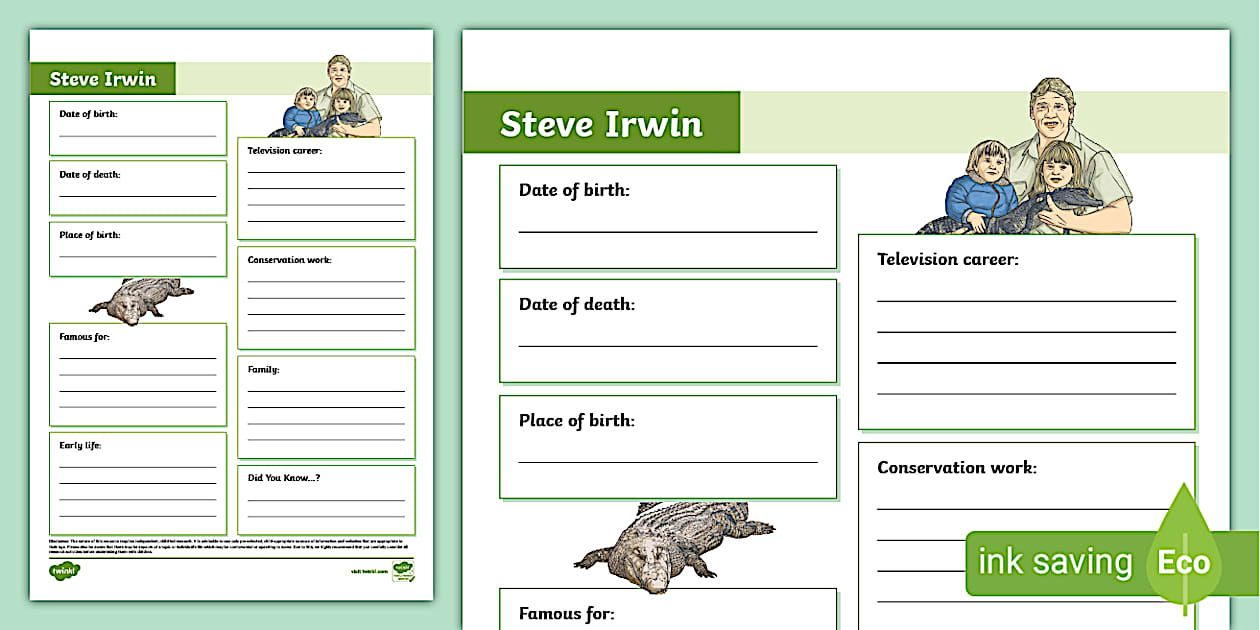 Steve Irwin Fact File Template (teacher made) - Twinkl