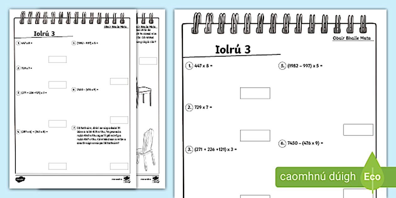 Maths Homework - Multiplication 3 Gaeilge