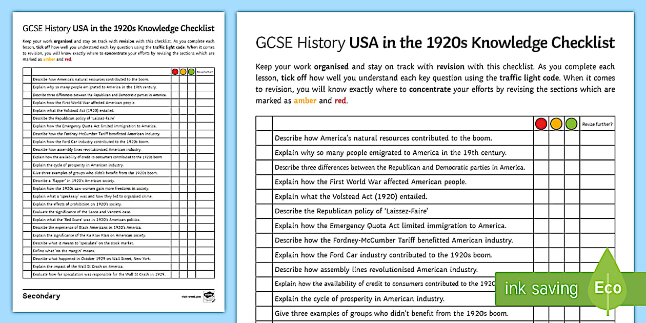 America in the 1920s Knowledge Checklist Worksheet / Worksheet