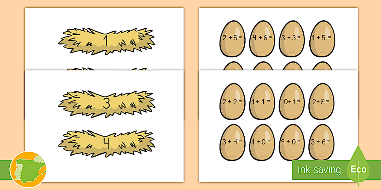 Ficha de actividad: Sumas hasta 10 con nidos y huevos