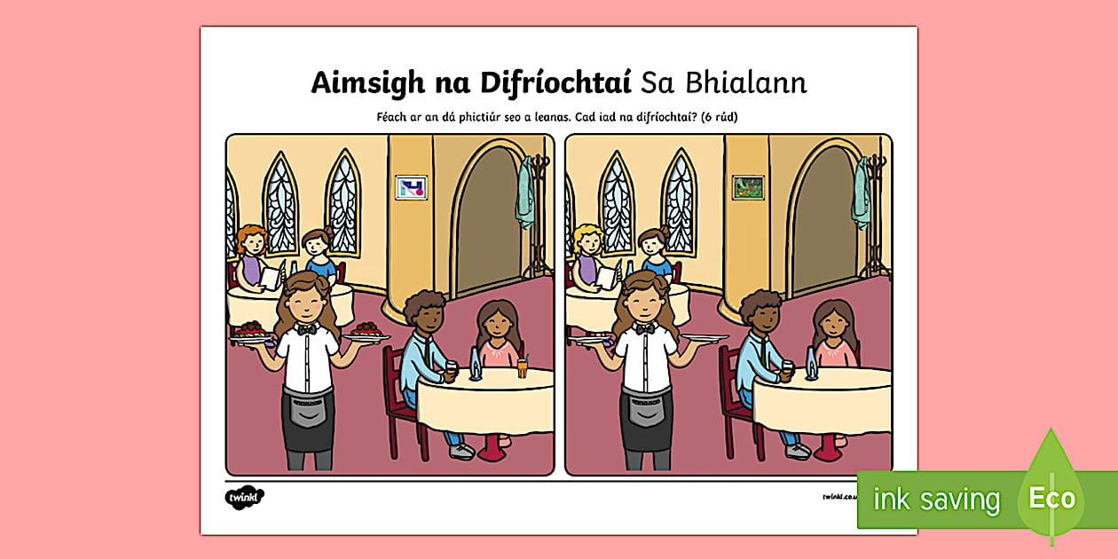 Sa Bhialann, Aimsigh na Difríochtaí Worksheet / Worksheet-Irish