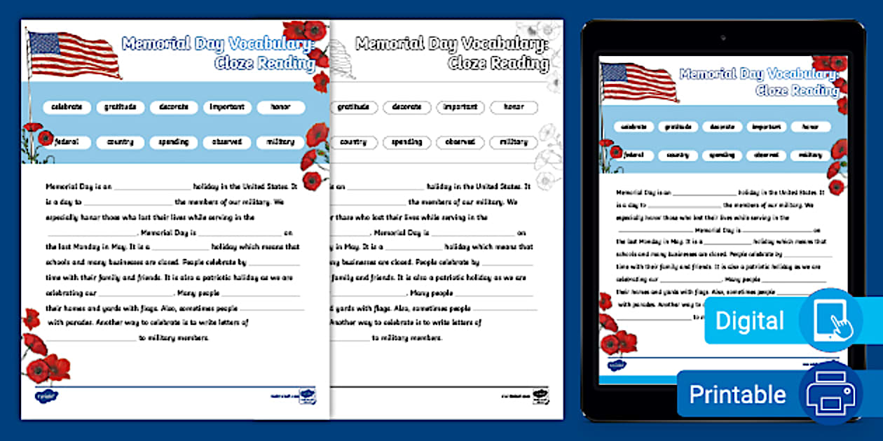 Memorial Day Reading Cloze Worksheet | 3rd Grade | Twinkl USA