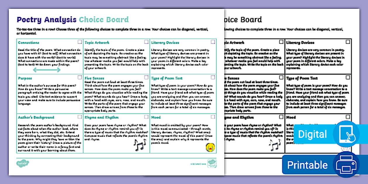 Poetry Analysis Activities Choice Board - ELA Grades 3-5