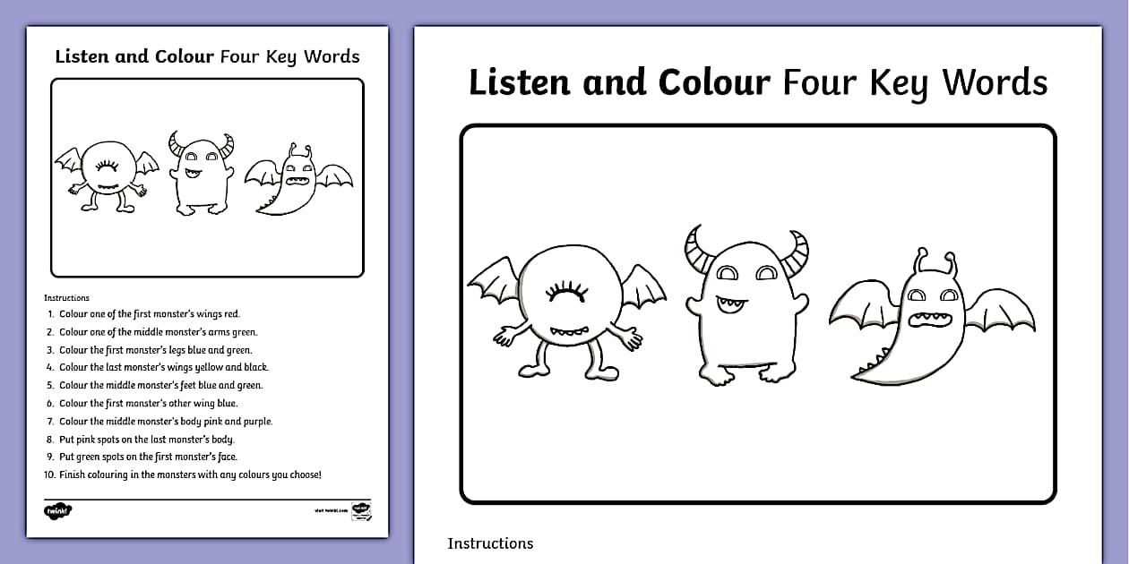 Listen and Color 4 Key Words Worksheet / Worksheet - Twinkl