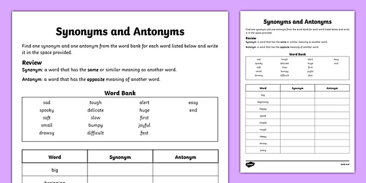 Synonym and Antonym Worksheet | English | Primary Resources