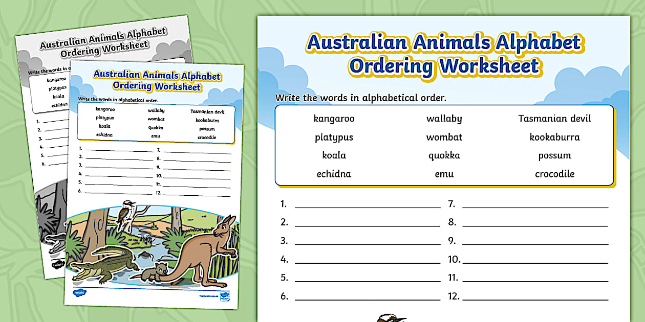 Australian Animals Alphabet Ordering Worksheet - Twinkl