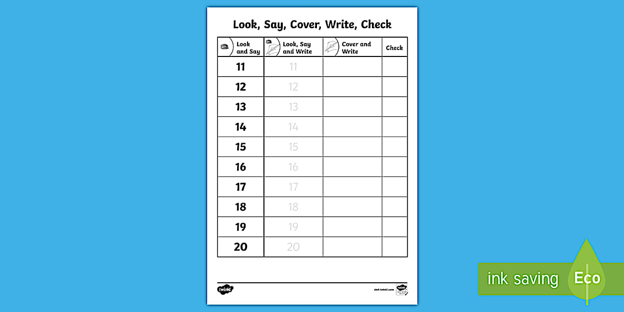 Look, Say, Cover, Write Numbers 11-20 (teacher made)
