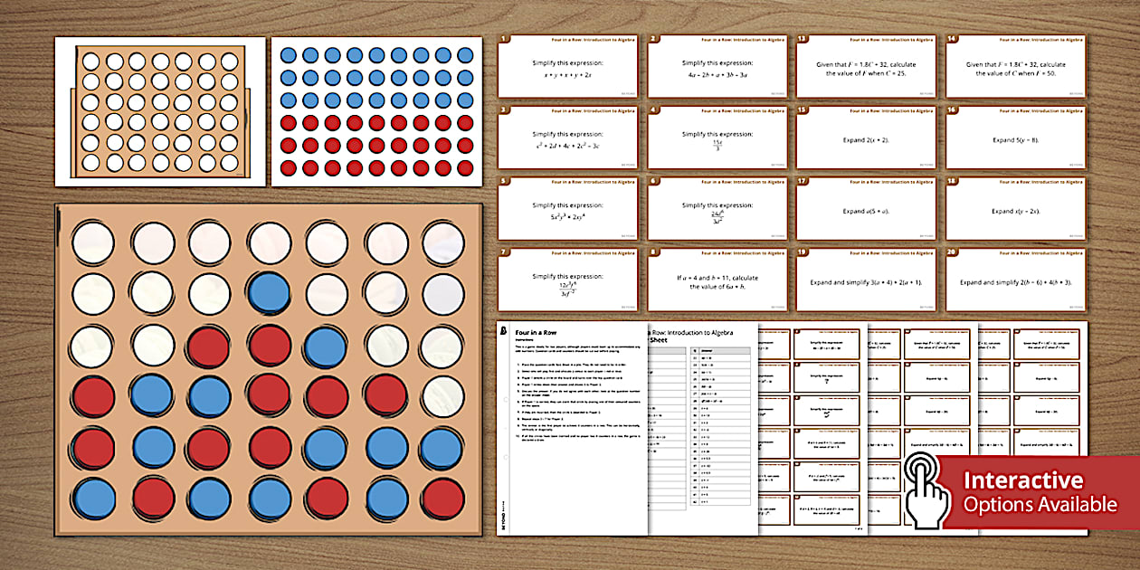 👉 Four in a Row Introduction to Algebra Revision Game