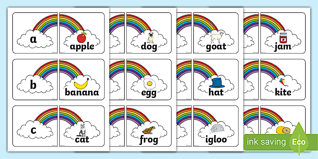 Rainbow and Clouds Letters and Words Matching Cards - Twinkl