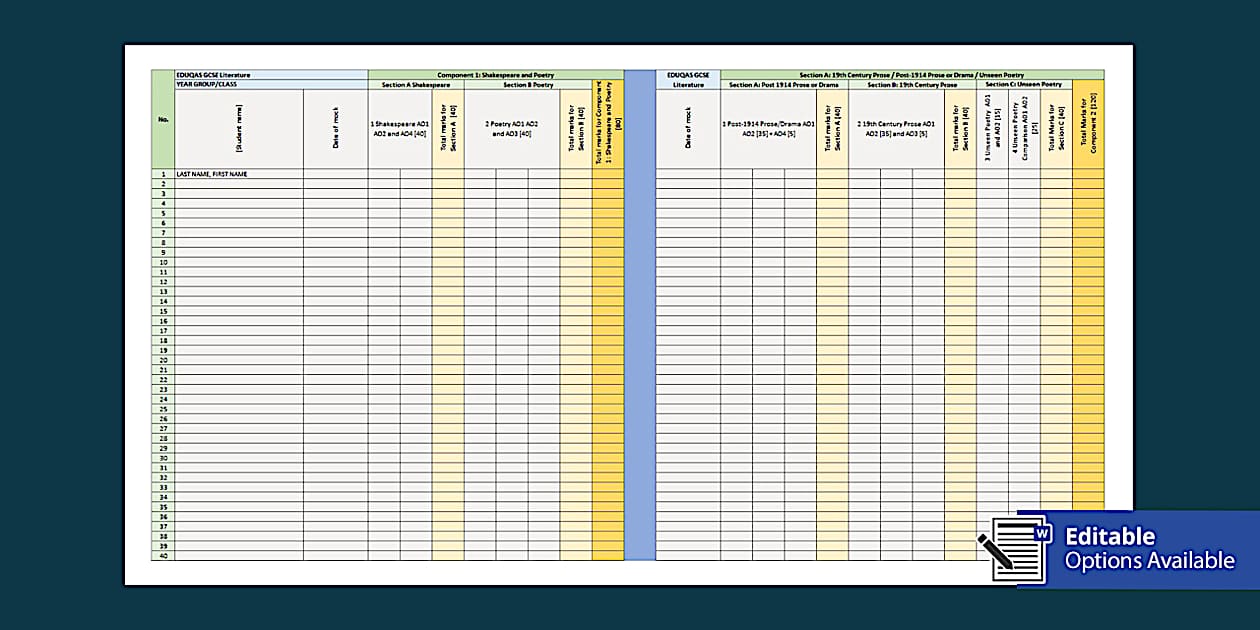 Grade Tracker Spreadsheet | EDUQAS GCSE Literature Papers