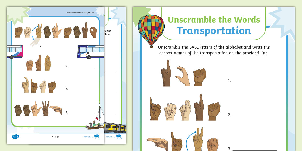 SASL Transportation Word Unscramble Activity (teacher made)