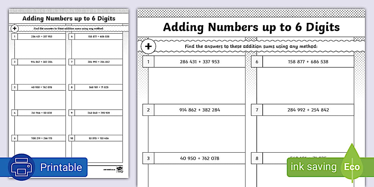 Adding Numbers up to 6 Digits Activity Sheet - Twinkl