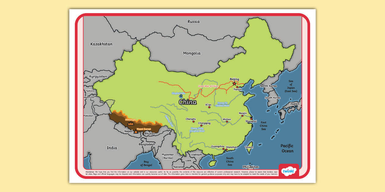 Physical China Map With Labels | Poster | Twinkl Primary