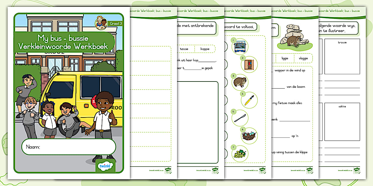 Graad 3 Klanke Werkboek Verkleinwoorde bus - bussie - Twinkl