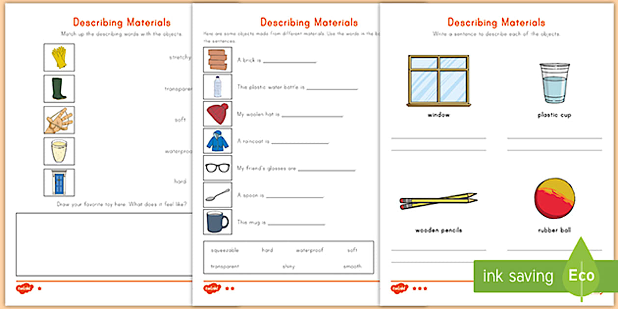Differentiated Describing Materials Worksheets for Grade 1