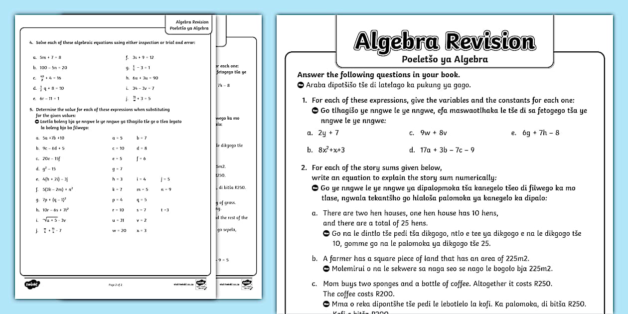 Gr 7 Algebra Revision Activity Sheet - Nso/Eng CAPS Aligned