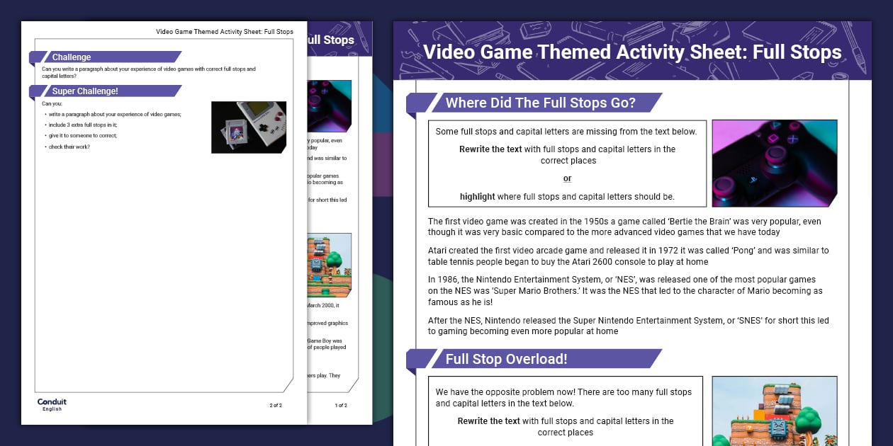 Reinforcing Full Stops: Video Game Themed Activity Sheet