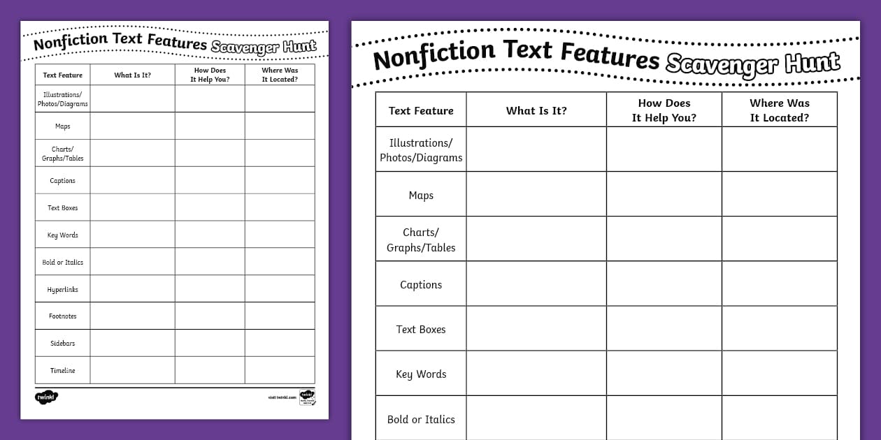 Nonfiction Text Features Scavenger Hunt | ELA | Twinkl USA