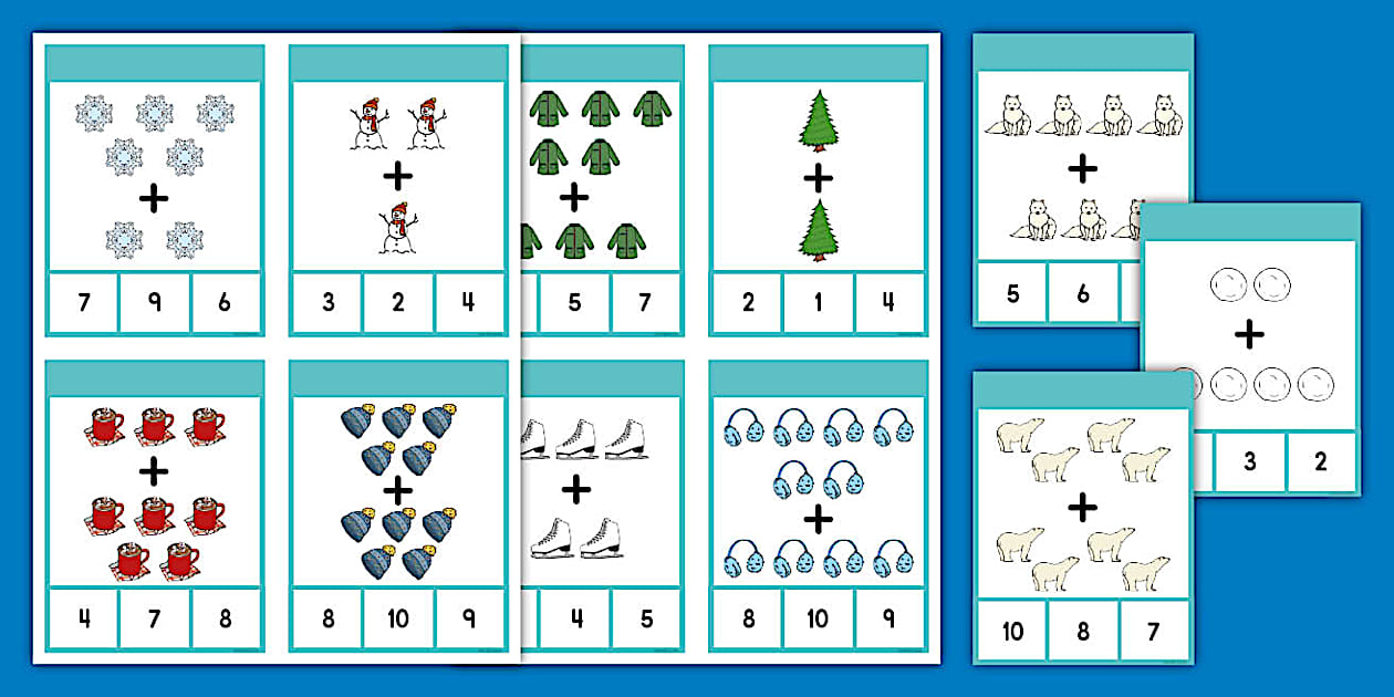 Kindergarten Winter Addition Within 10 Matching Clip Cards
