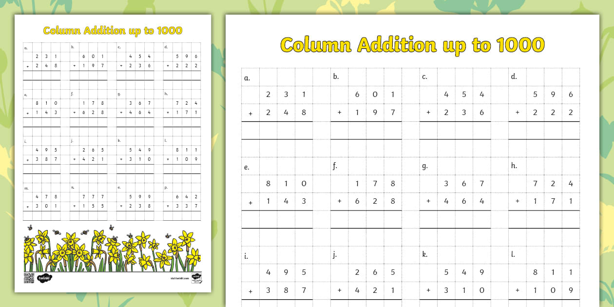 Spring-Themed 3-Digit Addition up to 1000 on Squared Paper