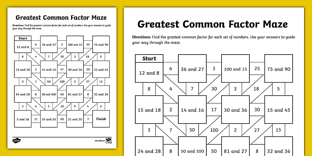 Sixth Grade Greatest Common Factor Maze (professor feito)