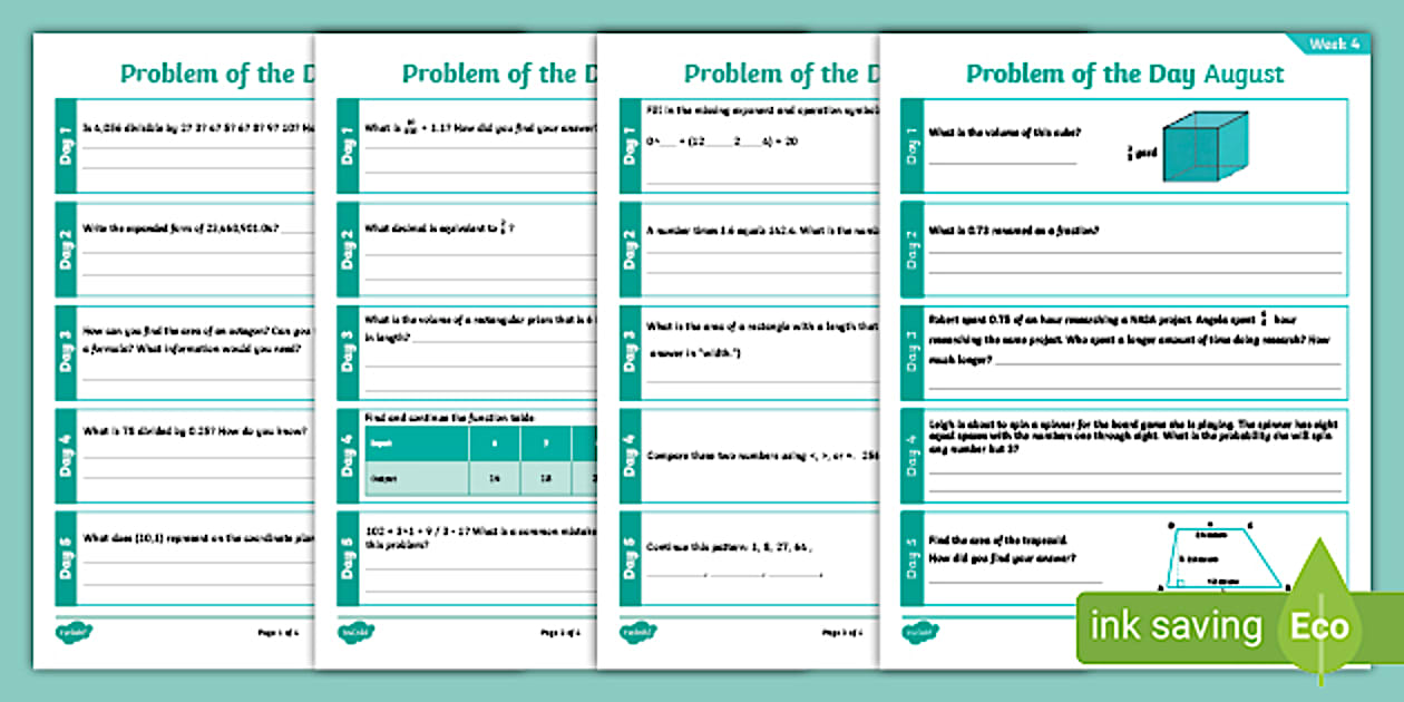 Fifth Grade Math Problem of the Day - August Activity