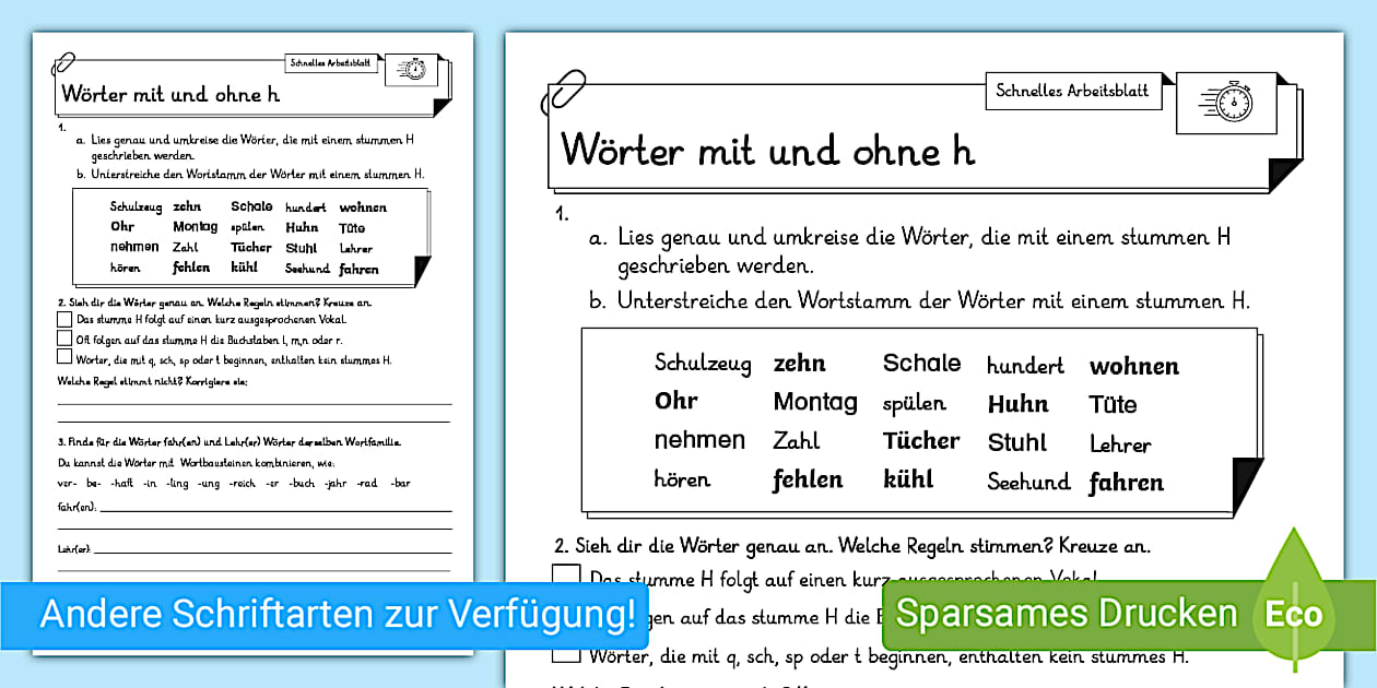 Wörter mit h - Arbeitsblatt mit Übungen zum Dehnungs-h