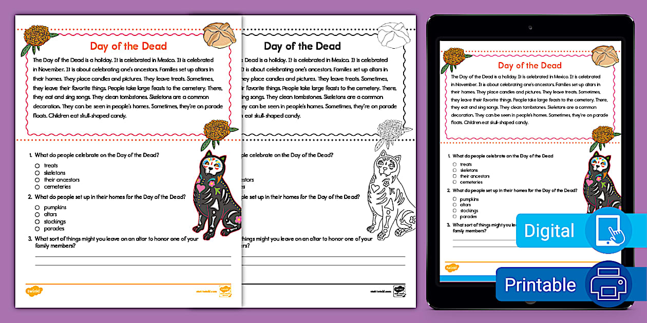 First Grade Day of the Dead Reading Passage Comprehension