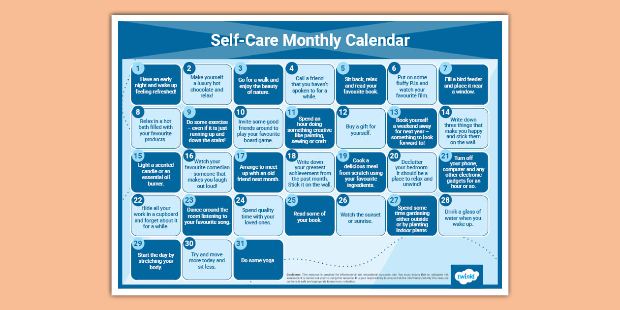 Self-Care Monthly Calendar (teacher made) - Twinkl