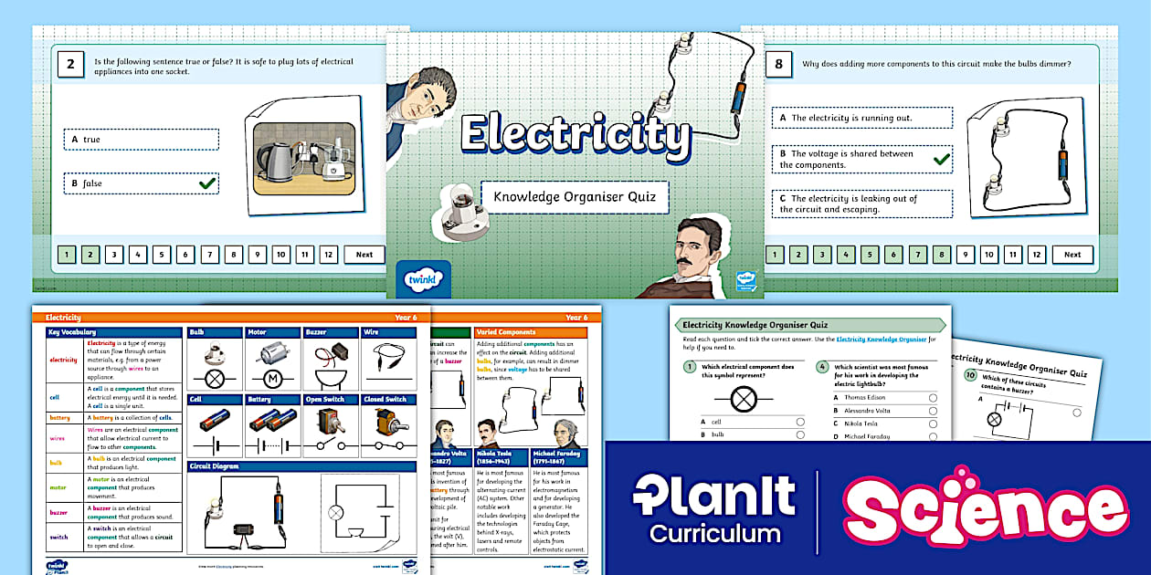 Y6 Electricity: Knowledge Organiser Quiz Pack (teacher made)