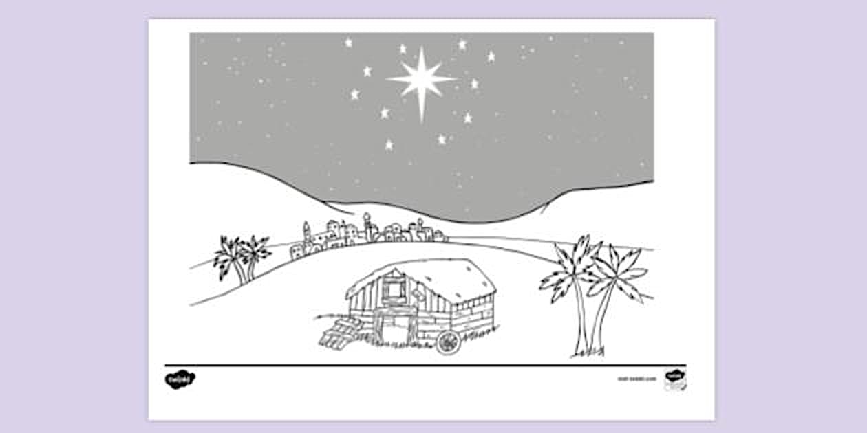 EYFS Stars Shining Over Stable Colouring Sheet - Twinkl