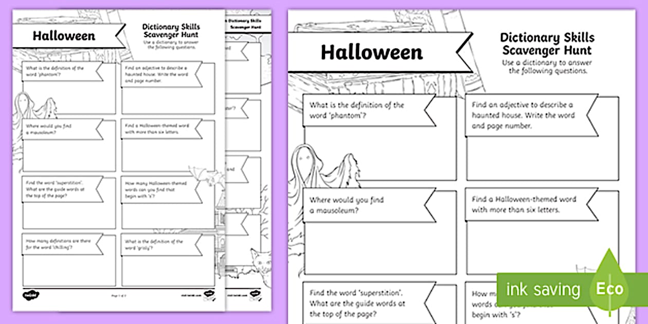 Halloween Dictionary Skills Scavenger Hunt Worksheet