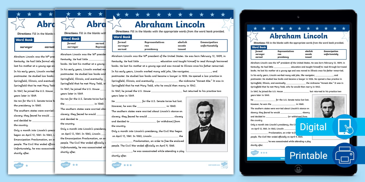 Fifth Grade Abraham Lincoln Differentiated Cloze Worksheet