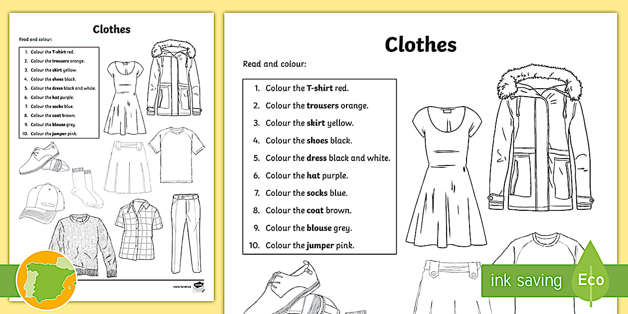 Editable A1 Ficha de actividad: Lee y colorea la ropa - inglés