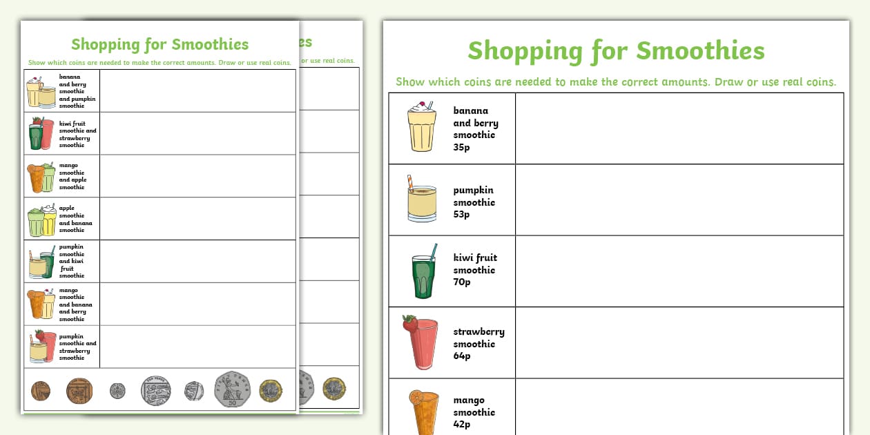 Shopping for Smoothies Activity Sheet (teacher made)
